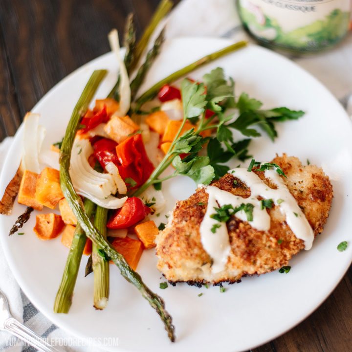 Parmesan & Panko Chicken with Roasted Vegetables - Yummy Whole Food Recipes